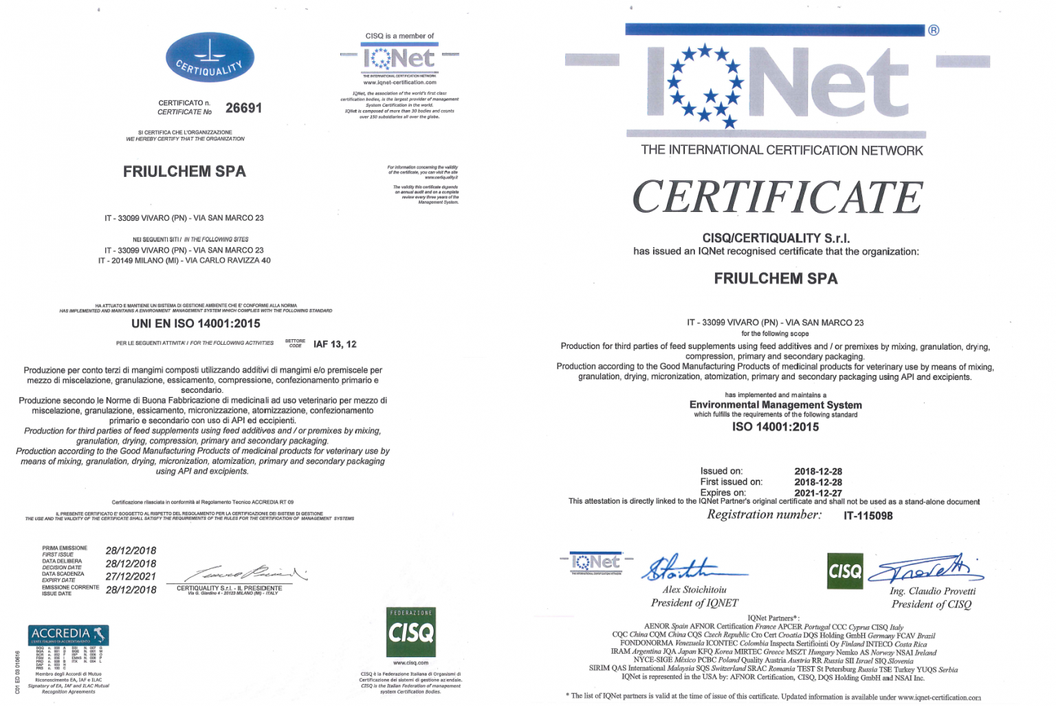 IQNET RECOGNIZED CERTIFICATE - Friulchem spa