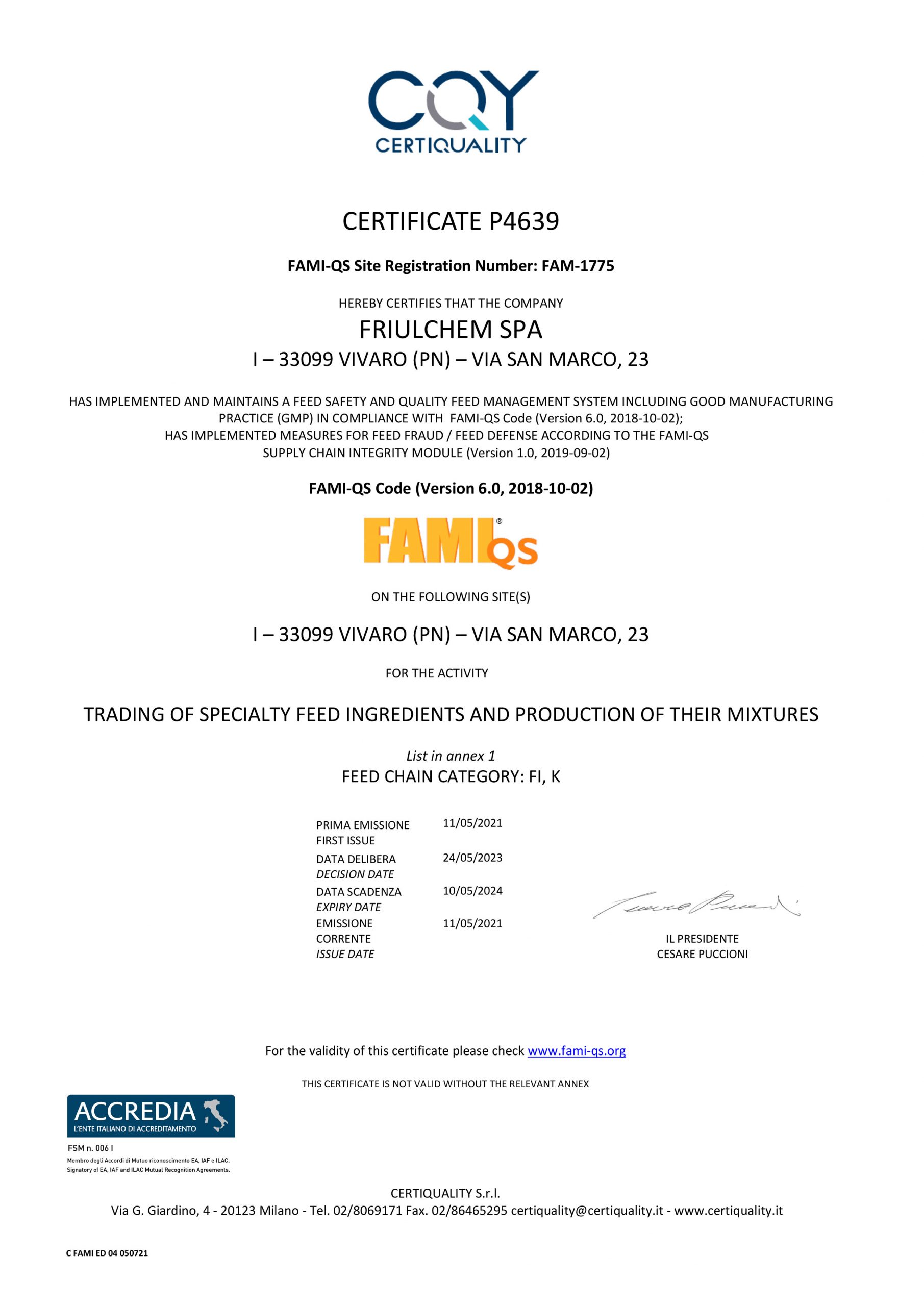 Authorizations / Certifications - Friulchem spa